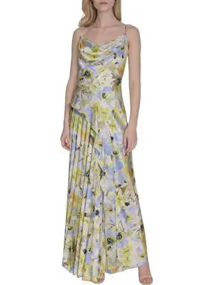 Vince Camuto Floral Cowl Neck Satin Gown - Blue Multi