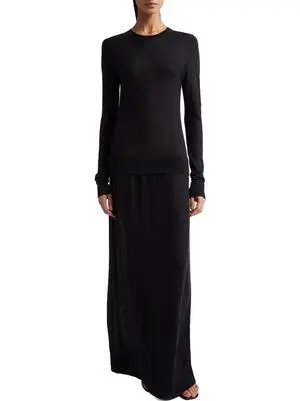 TOTEME Long Sleeve Fine Knit Silk & Cupro Sweater Dress - Black
