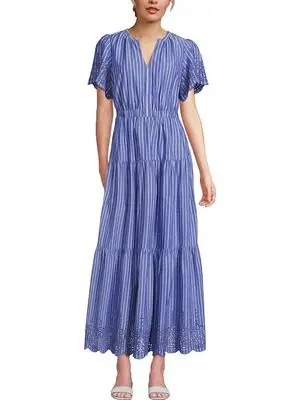 LANDS' END Tiered Cotton Poplin Embroidered Maxi Dress - Sapphire Gem Stripe Eyelet