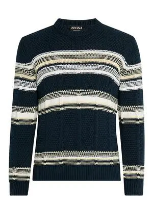 Zegna Stripe Jacquard Crewneck Sweater - Dk Grnstrp