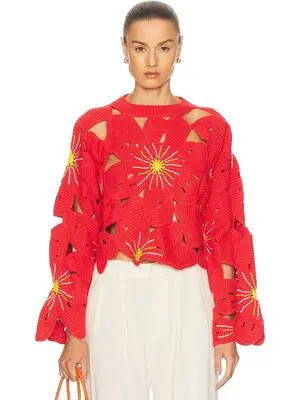 THE ELDER STATESMAN Flower Pullover Sweater - Persimmon Multi