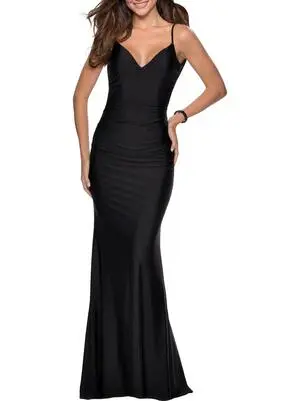 La Femme Form Fitting Jersey Dress - Black