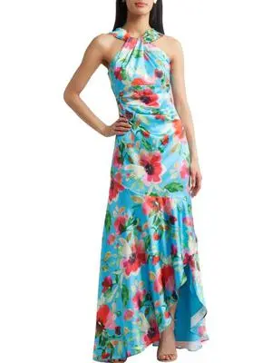 Eliza J Floral Print Twist Neck Gown - Aqua