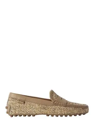TOD'S Leather-Trimmed Raffia Loafers Beige