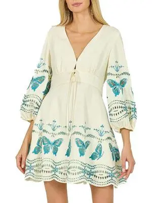 SECRET PON-PON Priscilla Embroidered Dress - Creme With Multi Blue Embroidery