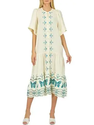 SECRET PON-PON Marcella Dress - Creme With Multi Blue Embroidery