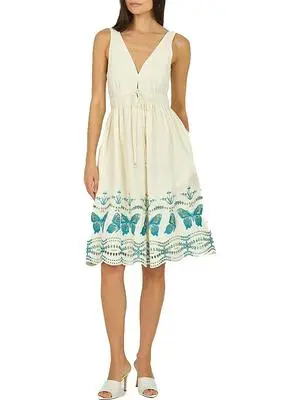 SECRET PON-PON Verona Embroidered Linen Dress - Creme With Multi Blue Embroidery