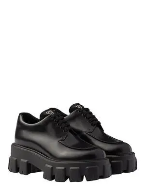 Prada Monolith Brushed Leather Lace-up Shoes - Black