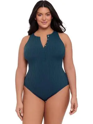 S3 APPAREL Ribbed High Neck Snap Front One Piece Swimsuit - Dusk Blue