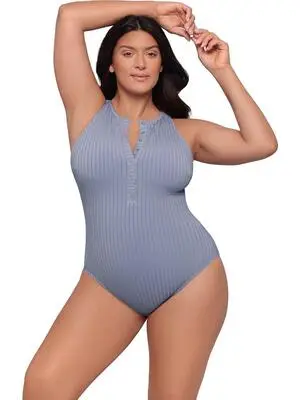 S3 APPAREL Ribbed High Neck Snap Front One Piece Swimsuit - Iris