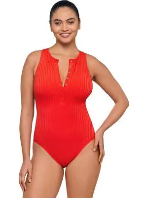 S3 APPAREL Ribbed High Neck Snap Front One Piece Swimsuit - Scarlet