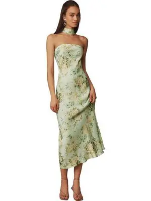 Bhldn Leah Strapless Scarf Slip Midi Dress - Green Printed
