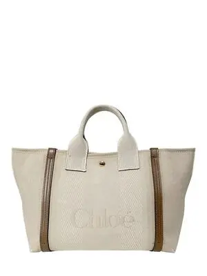 Chloé Small Tote Bag In Jacquard Canvas Vegetal Beige