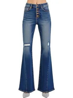 MODENAIRE High Rise Flare Jeans With Button Fly And Distressed Detail - Deep Indigo