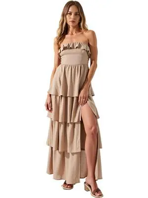 MODENAIRE Strapless Tiered Ruffle Maxi Dress - Beige