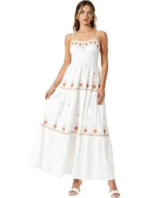 MODENAIRE Embroidered Tiered Maxi Dress - White / Brown Embroidery