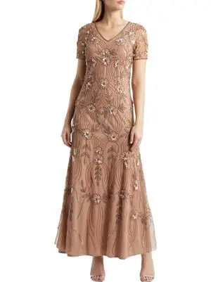 Pisarro Nights Beaded Tulle Gown - Mocha