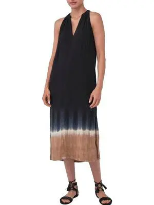 OCEAN+MAIN Sleeveless Gauze Midi Dress - Black + Sand