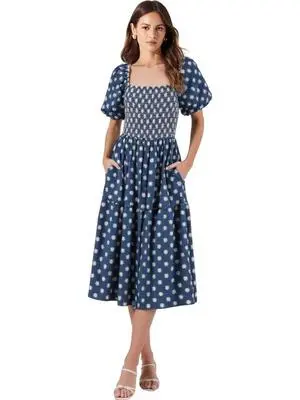 MODENAIRE Smocked Puff-sleeve Midi Dress - Blue / White Floral