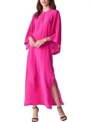 OCEAN+MAIN Wide Sleeve Silk Tunic Dress Fuchsia