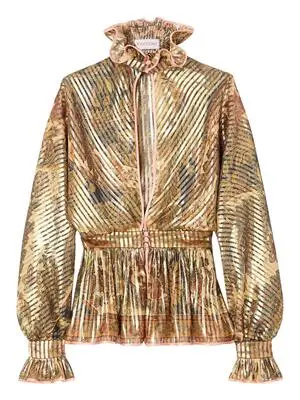 Valentino Garavani Satin-trimmed Ruffled Metallic Printed Silk-blend Chiffon Blouse - Neutrals