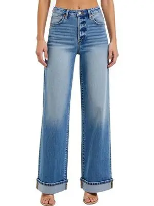 MODENAIRE Wide-leg Cuffed Jeans With Button-fly - Medium-dark Wash