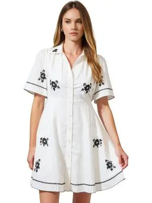 MODENAIRE Short-sleeve Embroidered Shirt Dress - White / Black