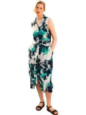 CELTIC & CO. Sleeveless Tie Front Midi Shirt Dress - Watercolour Print