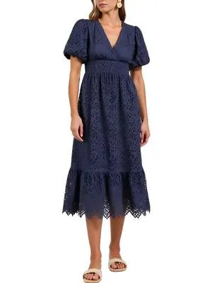 MODENAIRE Puff-sleeve Eyelet Midi Dress - Navy
