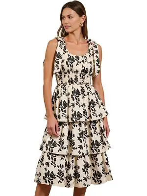 MODENAIRE Smocked Tiered Midi Dress With Bow-tie Straps - Ivory / Black Floral