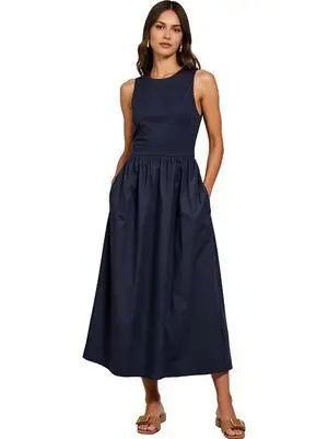 MODENAIRE Sleeveless Crewneck Midi Dress With Gathered Waist And Pockets - Navy Blue