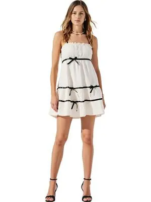 MODENAIRE Spaghetti Strap Mini Dress With Ruffle And Bow Detail - White / Black Trim