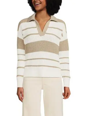 LANDS' END Cotton Bouclé Johnny Collar Sweater - Ivory/champagne Stripe