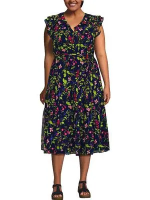 LANDS' END Ruffle Sleeve Chiffon Tiered Midi Dress - Deep Sea Multi Garden Floral