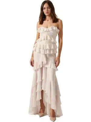 MODENAIRE Strapless Tiered Ruffle Maxi Dress White