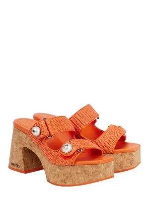 JIMMY CHOO Fayence 95 Raffia Platform Mules - Orange