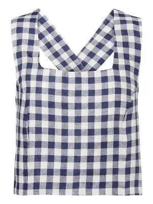 Asceno Cozumel Gingham Linen Crop Top - Blue