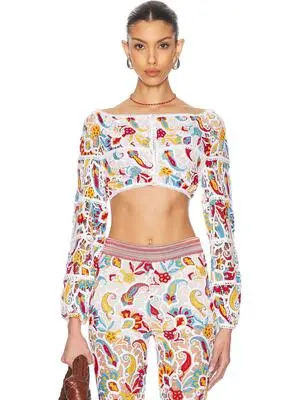 Etro Long Sleeve Cropped Top - Multicolor On White Base