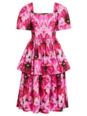 Alexander McQueen Layered Floral-print Cotton-poplin Midi Dress - Fuchsia