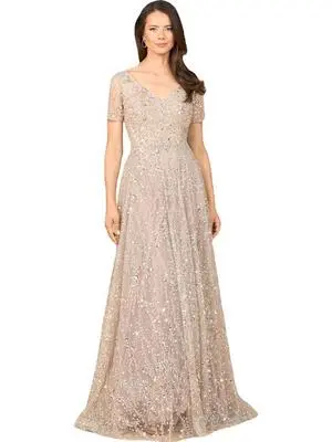 LARA NEW YORK Beaded Lace Ballgown - Blush
