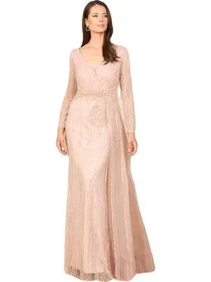 LARA NEW YORK Long Sleeve Gown With Asymmetrical Drape - Blush
