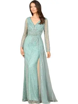 LARA NEW YORK Long Sleeve Gown With Asymmetrical Drape - Dark Sage
