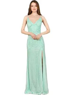 LARA NEW YORK Beaded Lace-up Mermaid Gown - Tiffany