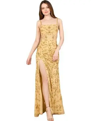 LARA NEW YORK Beaded Corset Gown With Slit - Gold
