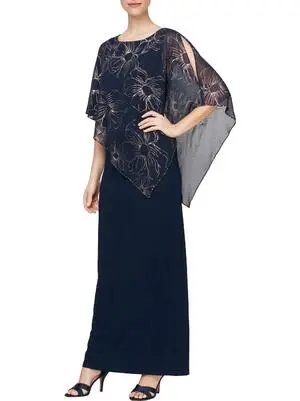 SL FASHIONS Metallic Chiffon Overlay Gown - Navy/ Rose Gold