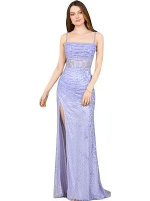 LARA NEW YORK Beaded Corset Gown With Slit - Blue Iris