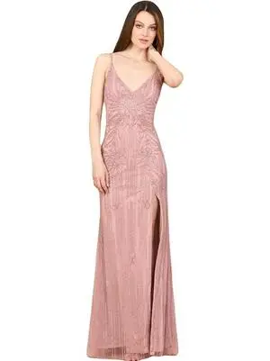 LARA NEW YORK Beaded Lace-up Mermaid Gown With Slit - Cashmere