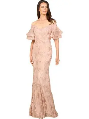 LARA NEW YORK Off-shoulder Beaded Mermaid Gown - Champagne