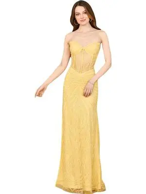 LARA NEW YORK Beaded Corset Gown With Slit - Lemon
