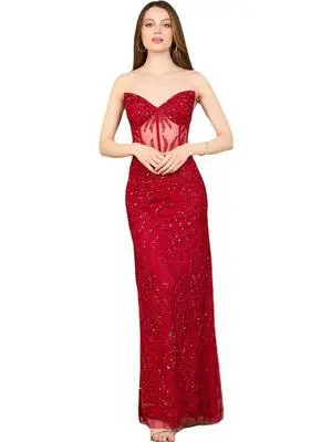 LARA NEW YORK Beaded Corset Gown With Slit - Red